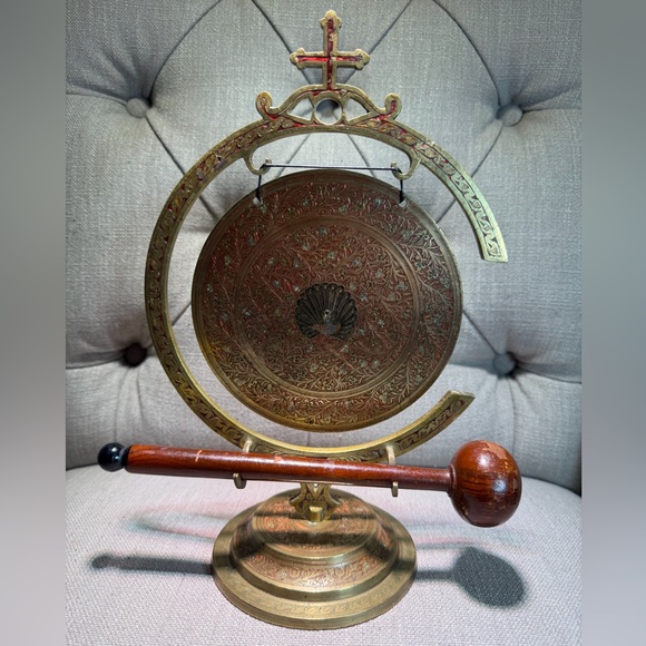 Accents | Vintage Brass Oriental Gong Hanging Dinner Bell Floral Etched ...